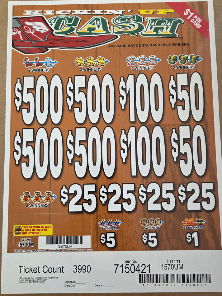 Kickin' Up Cash $1 3990ct 4-$500 Instant Pull Tabs – YoungCoLLC