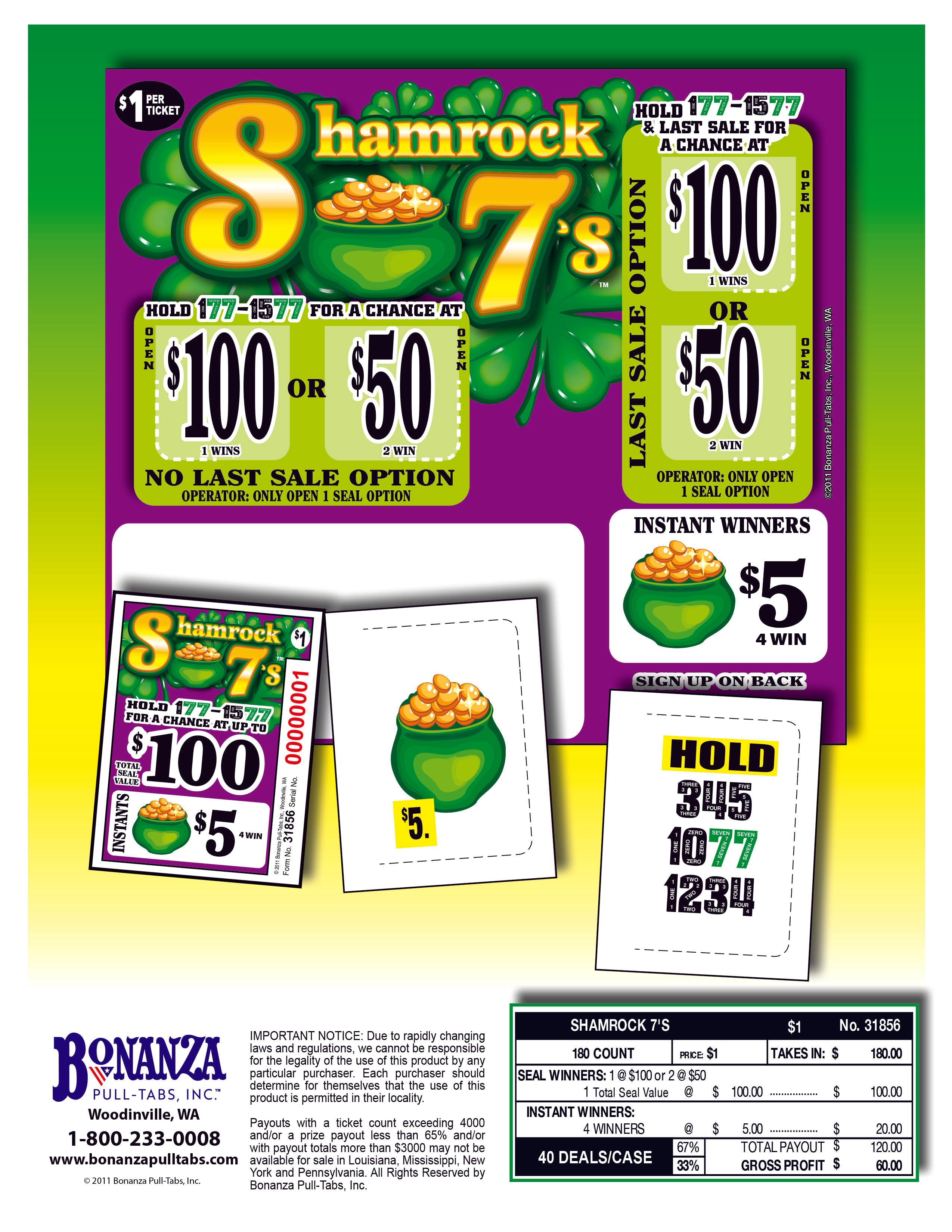 Shamrock 7's 180ct Seal Game Pull Tabs – YoungCoLLC