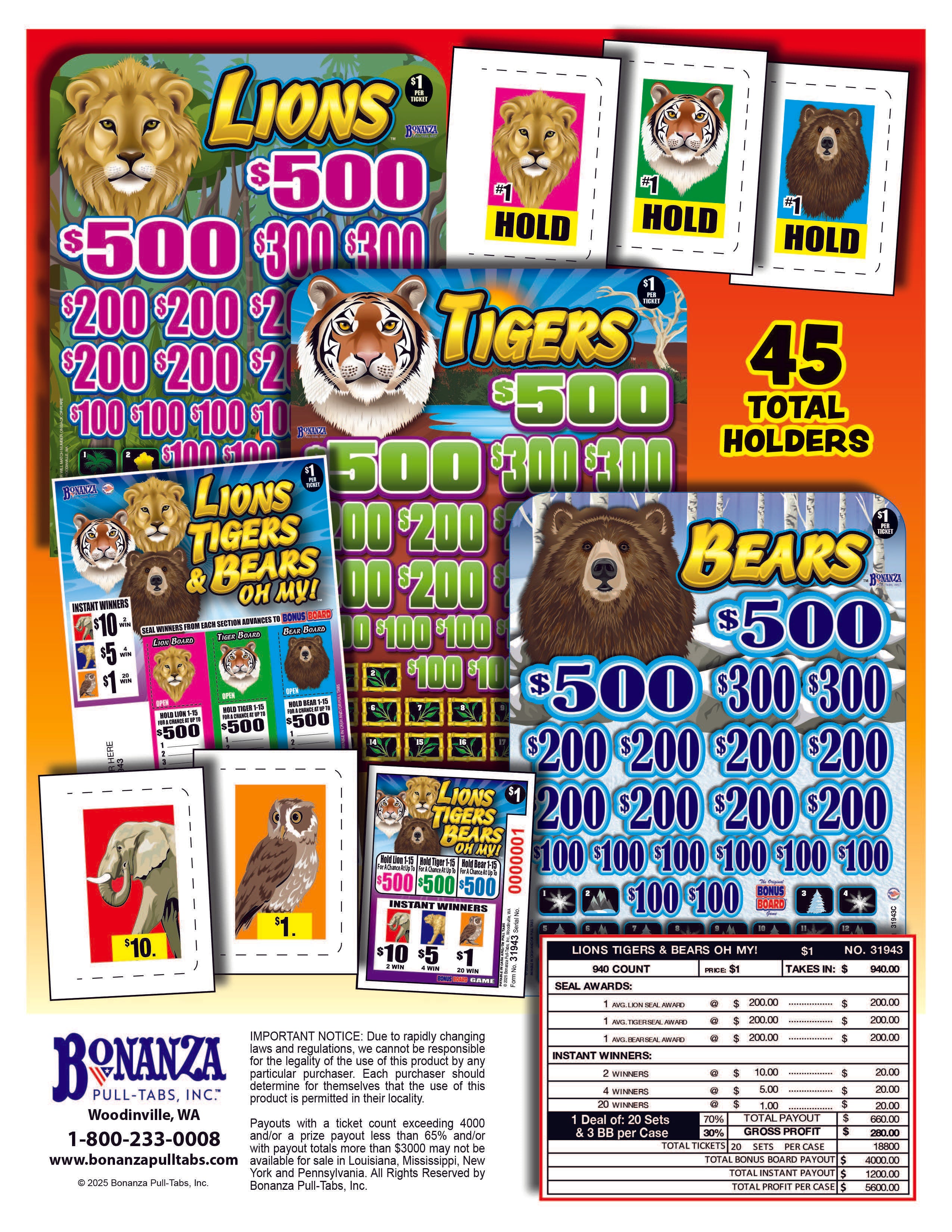 Lions Tigers & Bears Oh My 940ct Bonus Board Pull Tabs – YoungCoLLC